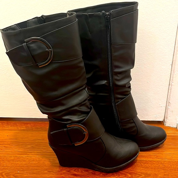 TOP Moda | Shoes | Never Worn Top Moda Buckle Black Wedge Boots | Poshmark